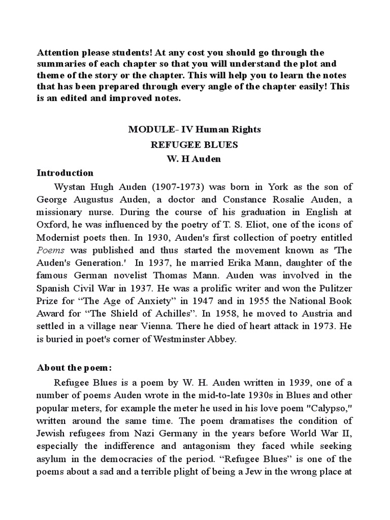 MODULE-IV Human Rights Refugee Blues W. H Auden: Poems Was Published ...