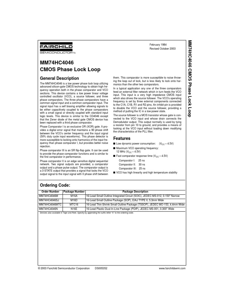 MM74HC4046 CMOS Phase Lock Loop: General Description | PDF | Detector (Radio) | Computer Engineering