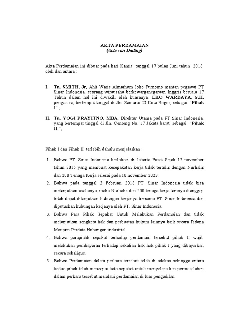 AKTA PERDAMAIAN Di Luar Pengadilan | PDF