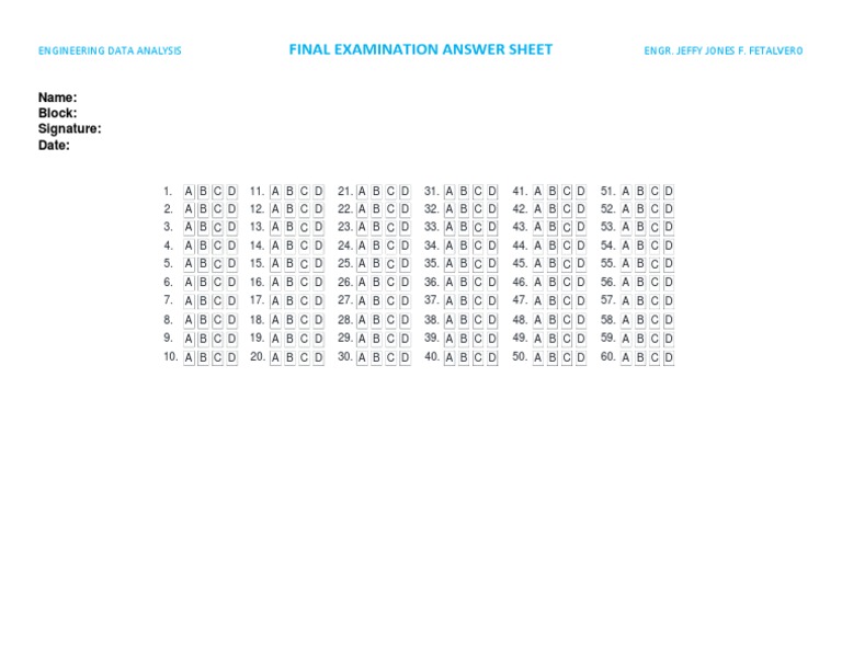 Engineering Data Analysis Exam Sheet | PDF | Science & Mathematics