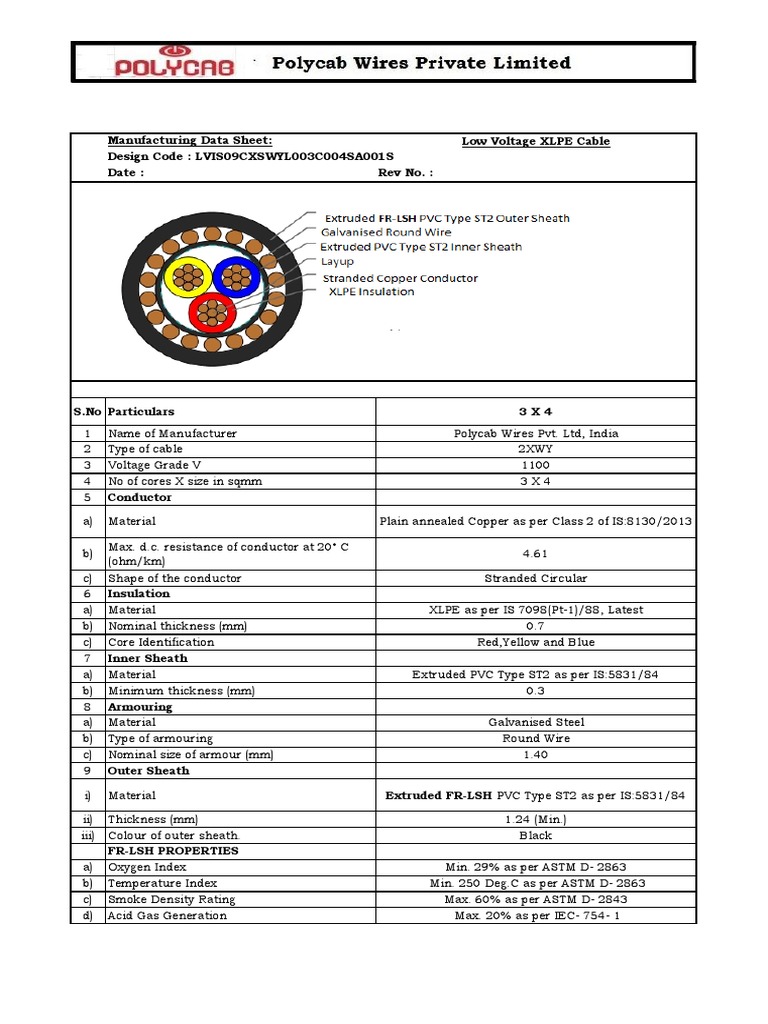 Manufacturing Data Sheet: Low Voltage XLPE Cable Design Code: LVIS09CXSWYL003C004SA001S Date ...