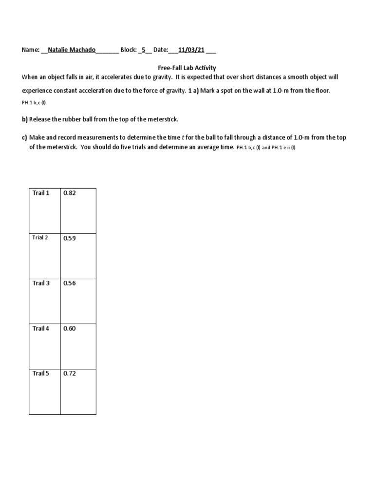 Free-Fall Lab Activity: PH.1 B, C (I) | PDF | Gravity | Acceleration