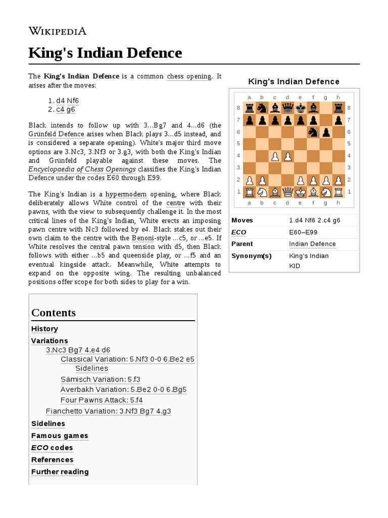 Encyclopaedia of Chess Openings Classifies The King's Indian | PDF ...