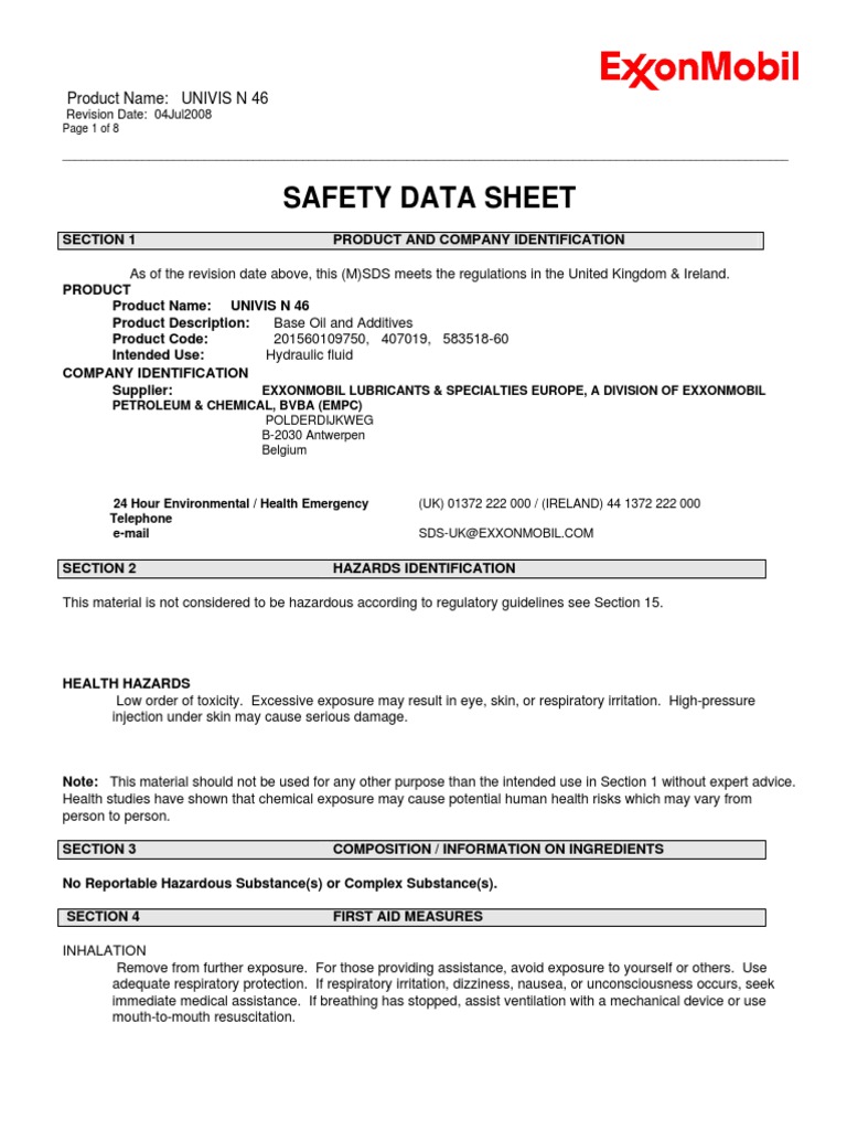 A0006102 - MSDS - Hydraulic Oil EN | PDF | Waste Management | Toxicity