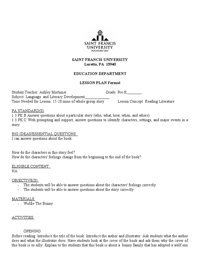 November 17 Lesson Plan Wolfie The Bunny | PDF | Lesson Plan | Pedagogy