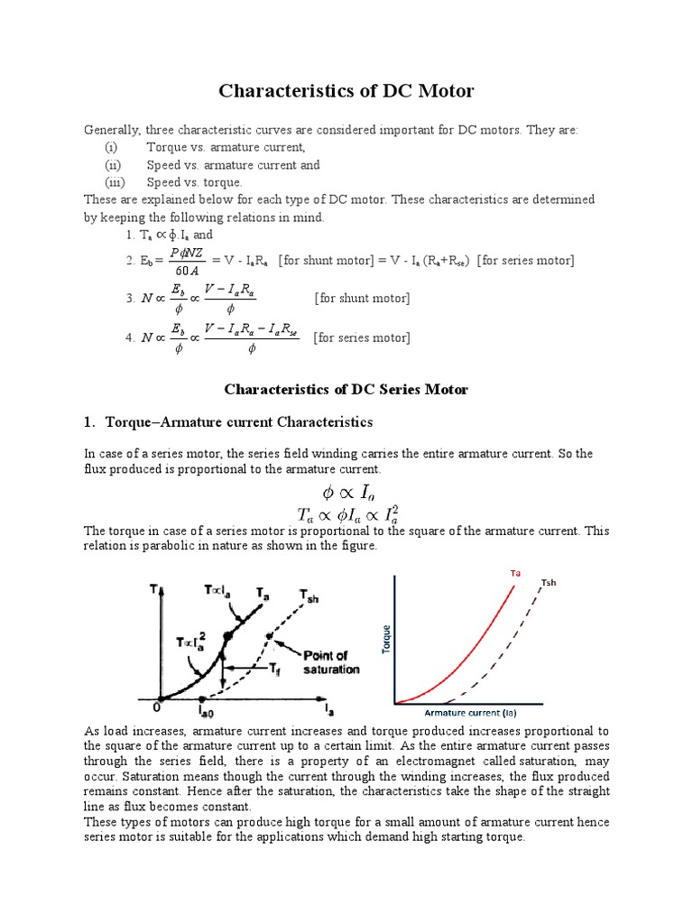 Characteristics of DC Motor: 1. Torque-Armature Current Characteristics ...