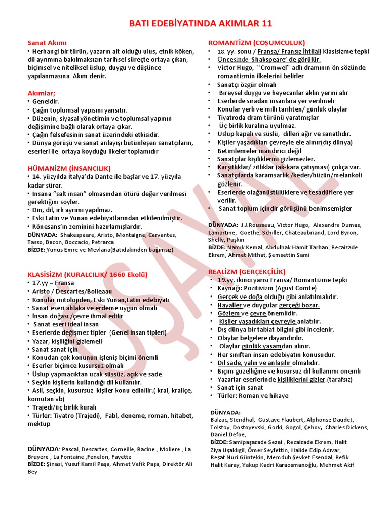 Edebi Akımlar 11 Ders Notu | PDF