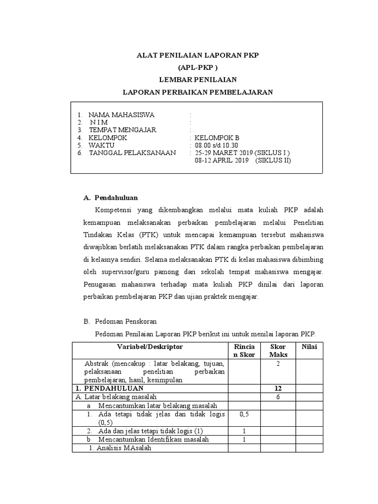 Penilaian Laporan PKP: Panduan dan Skor | PDF | Metode & Bahan Ajar