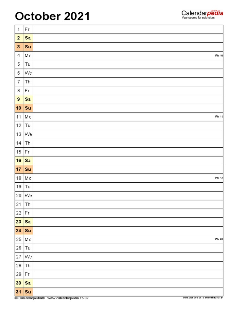 Calendar October 2021 Portrait Days Vertically | PDF