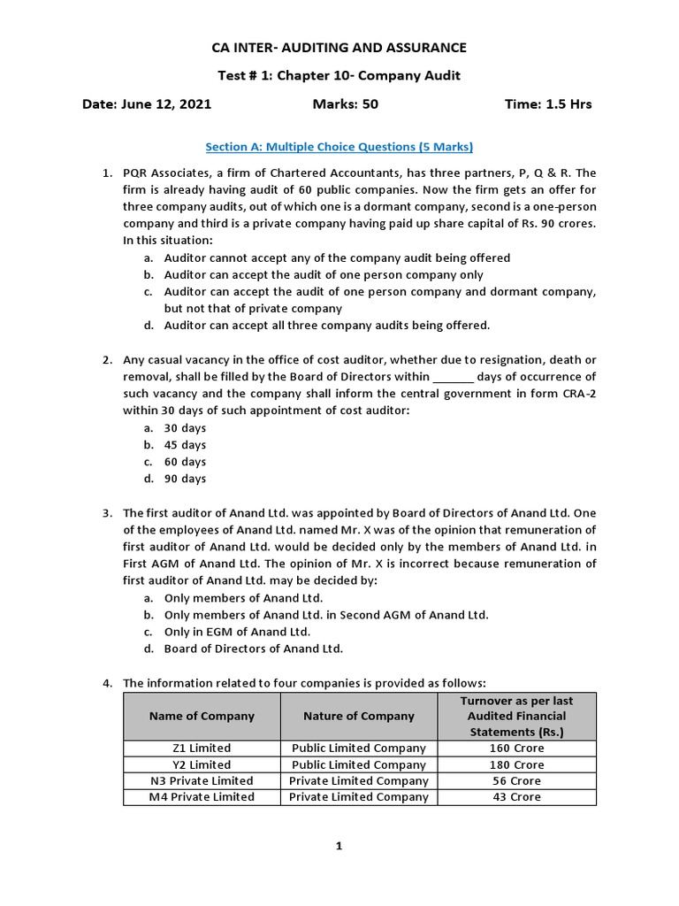 01 - Test1 - Company Audit - Question Paper | PDF | Audit | Limited Company