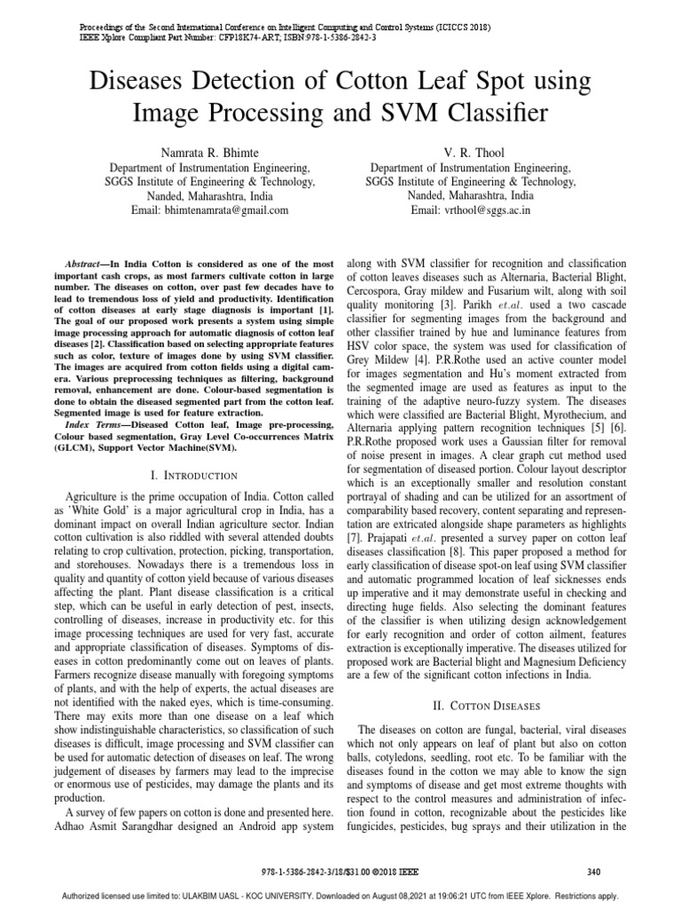 Diseases Detection of Cotton Leaf Spot Using Image Processing and SVM ...