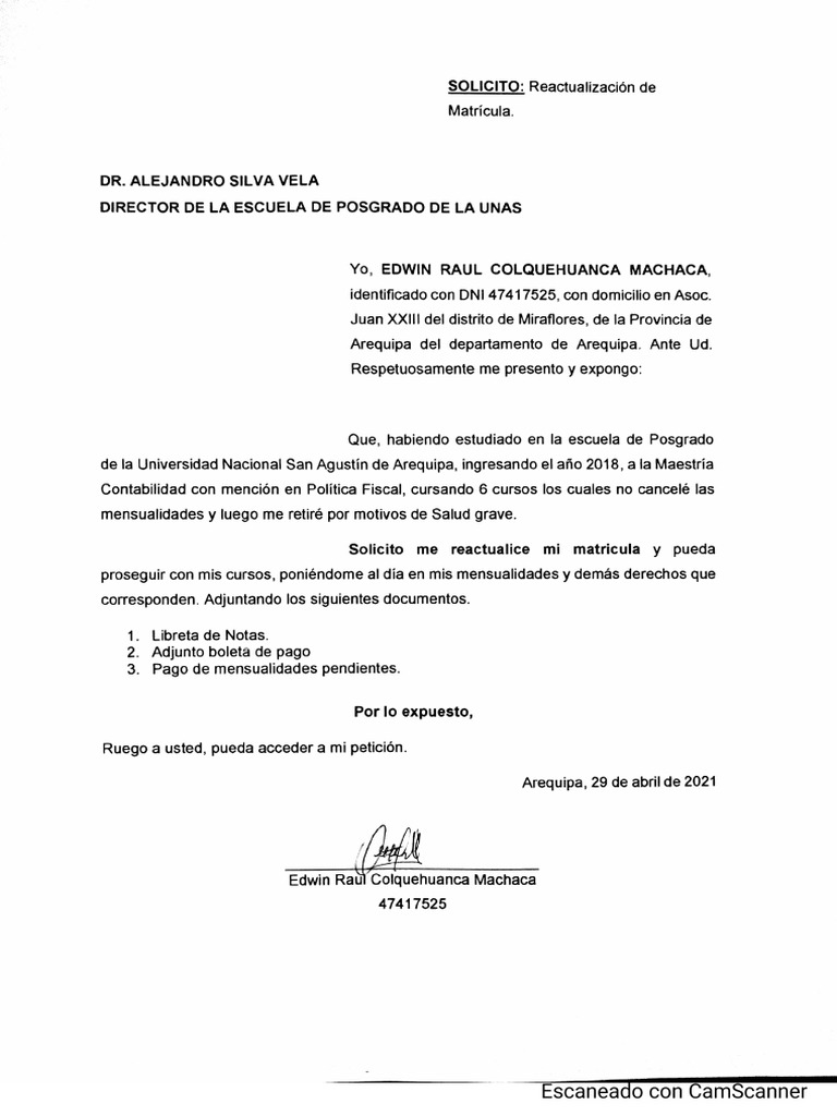Solicitud de Reactualizacion Matricula - Edwin Colquehuanca Machaca | PDF