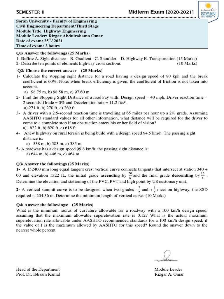 Midterm exam-II Semester. Highway | PDF | Civil Engineering | Transportation Engineering
