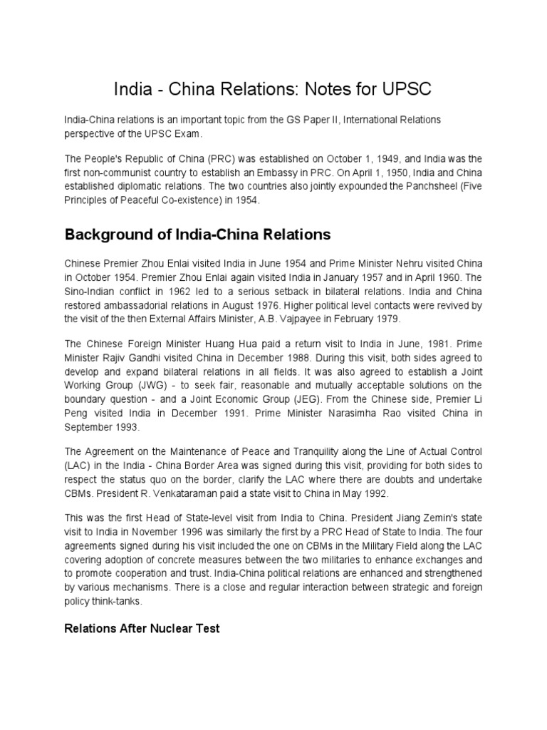 India China Relations - Notes For UPSC | PDF