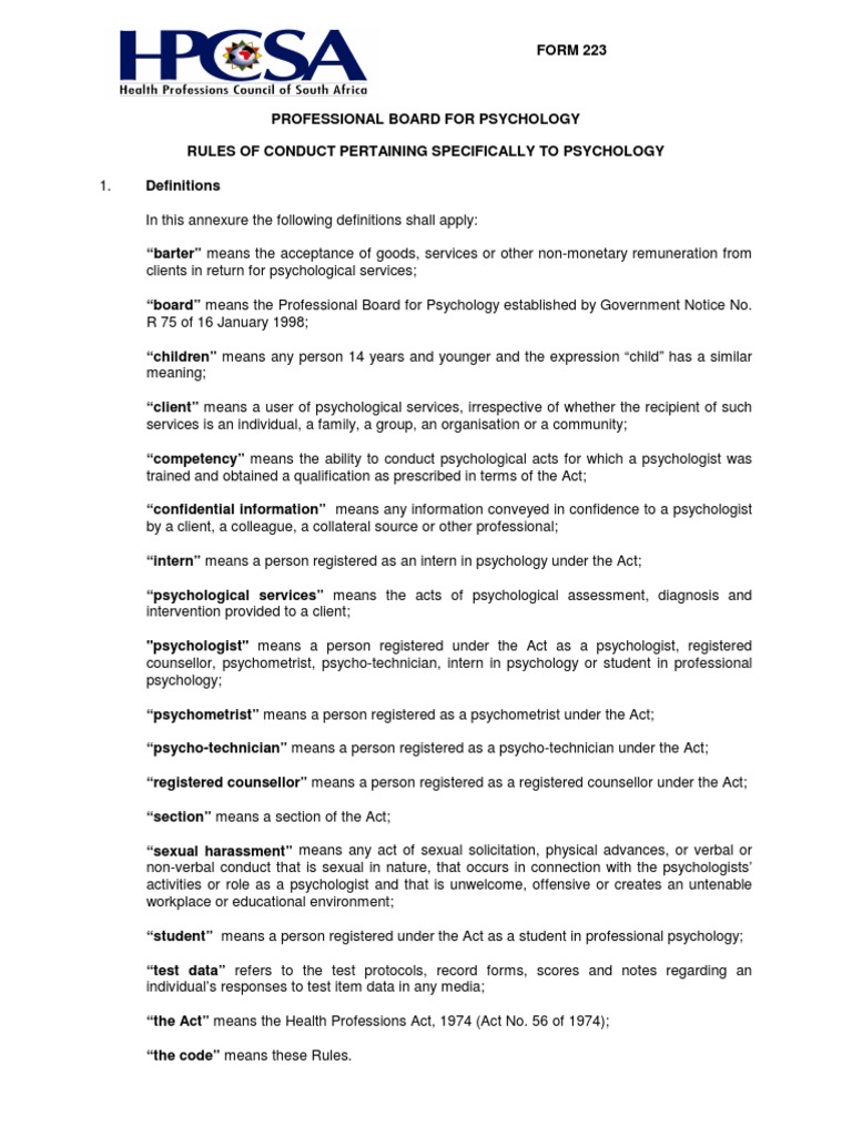 HPCSA Ethical Guidelines for Psychologists | PDF | Confidentiality ...