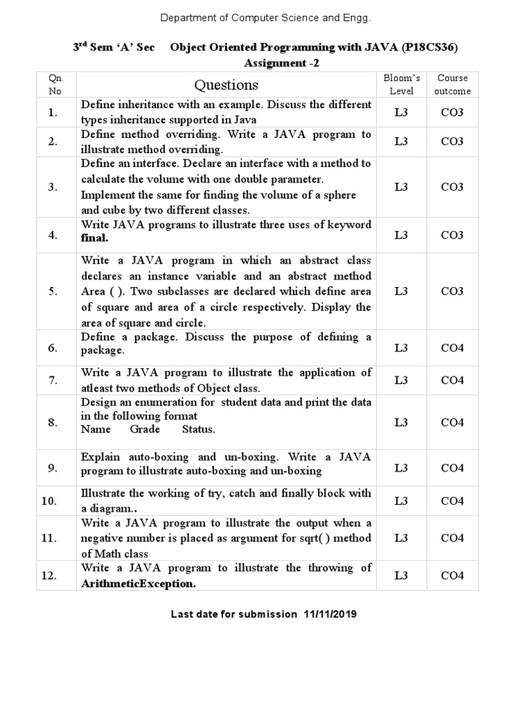 Questions: 3 Sem A' Sec Object Oriented Programming With JAVA (P18CS36 ... Questions: 3 Sem A' Sec Object Oriented Programming With JAVA (P18CS36 ...