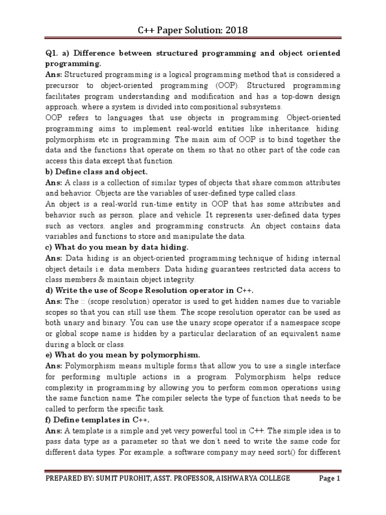 C++ Paper Solution 2018 | Download Free PDF | Object Oriented ...