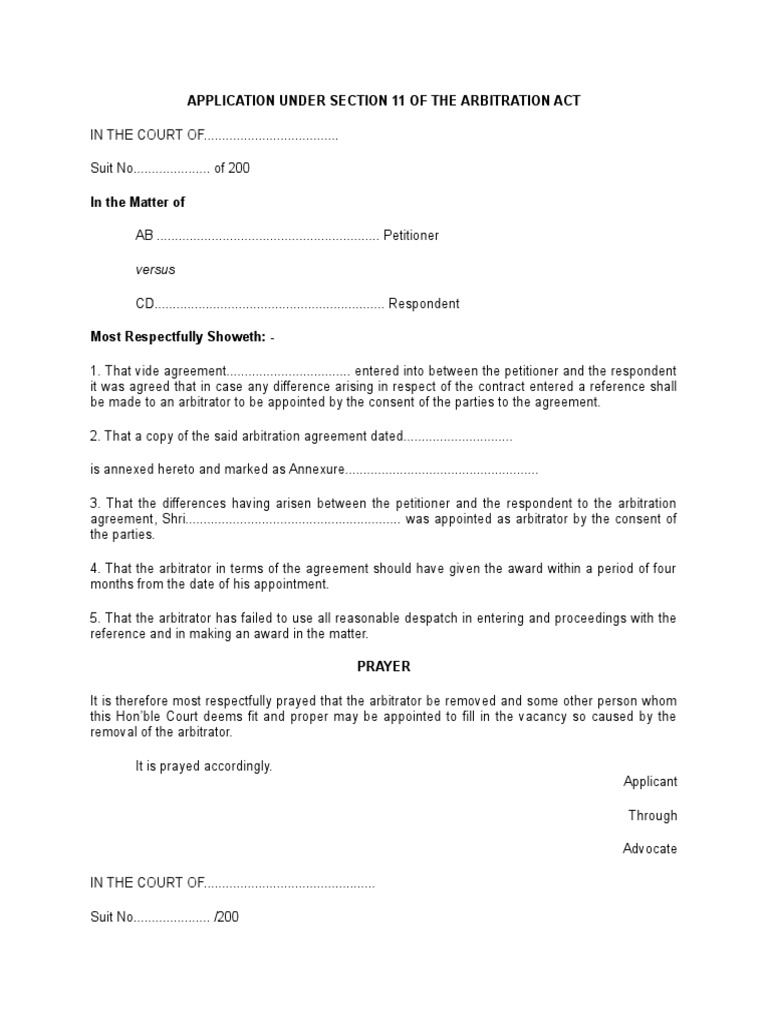 Section 11 Arbitration Application Format | PDF | Affidavit | Lawsuit