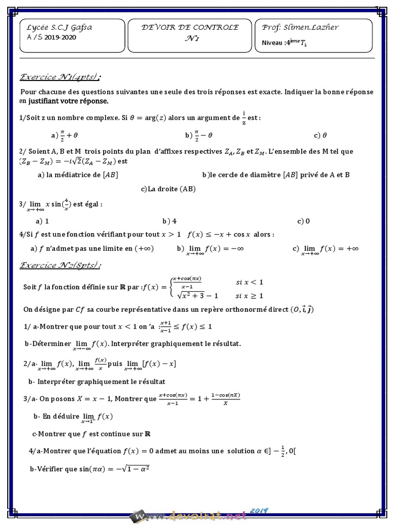 Devoir de mathématiques bac technique | PDF | Géométrie | Analyse complexe