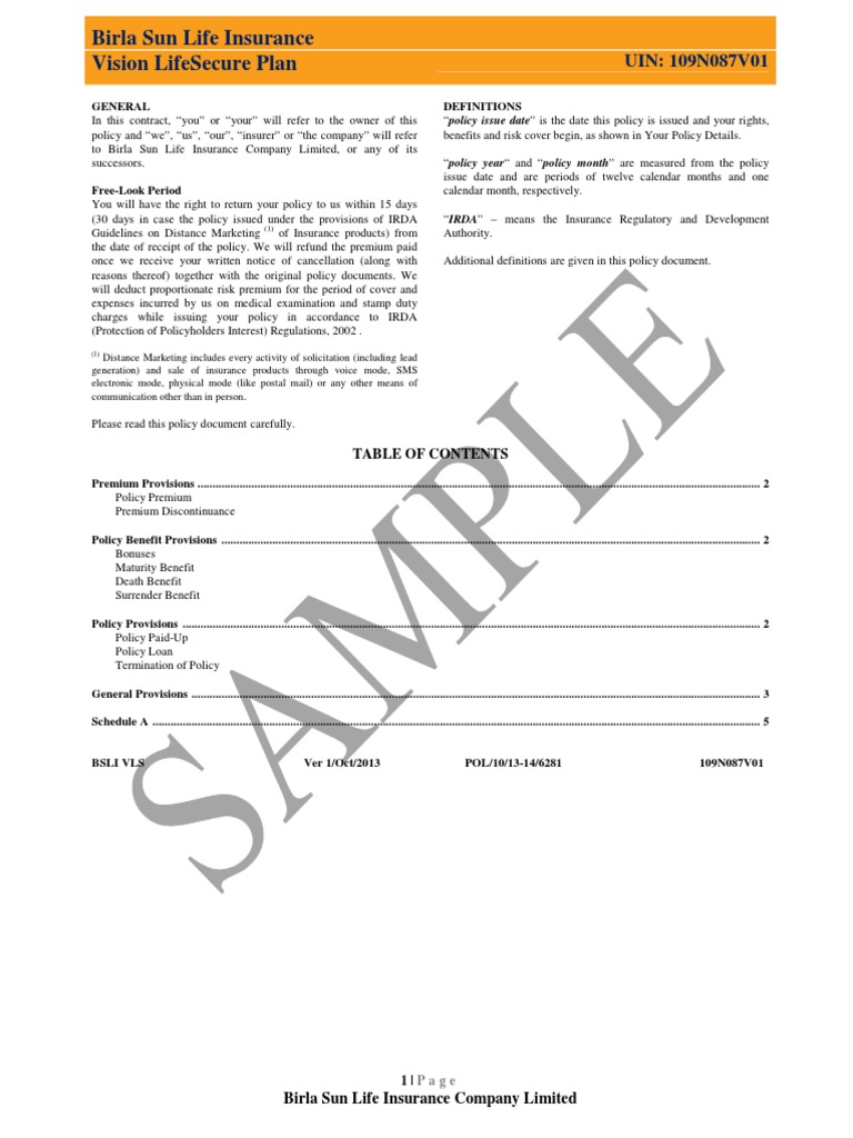 BSLI Vision LifeSecure Plan Policy Contract | PDF | Insurance | Life ...