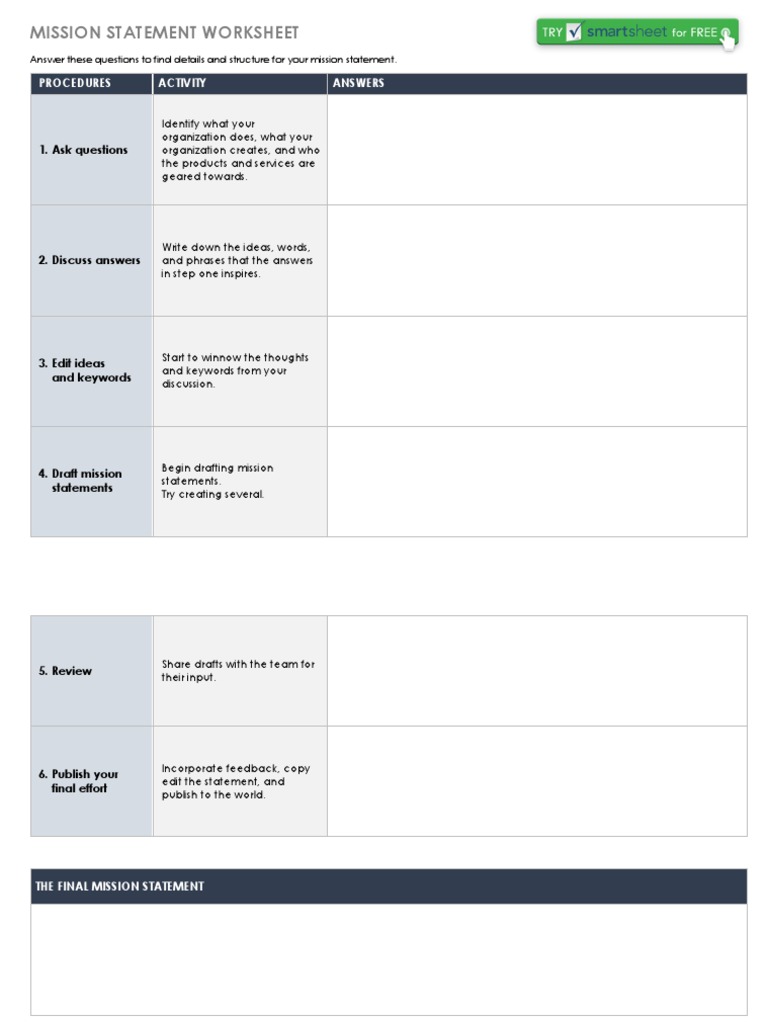 Mission Statement Worksheet: Procedures Activity Answers | PDF