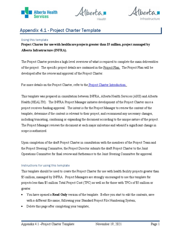 Appendix 4.1 - Project Charter Template | PDF | Risk | Procurement