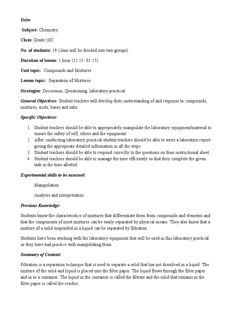 Practical - Sample Lesson Plan - Separation of Mixtures | Download Free PDF | Filtration | Mixture