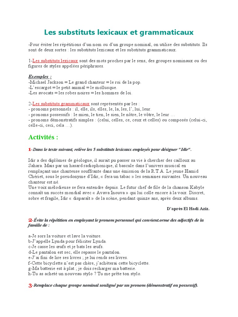 Substituts lexicaux et grammaticaux en français | PDF | Phrase | Clause