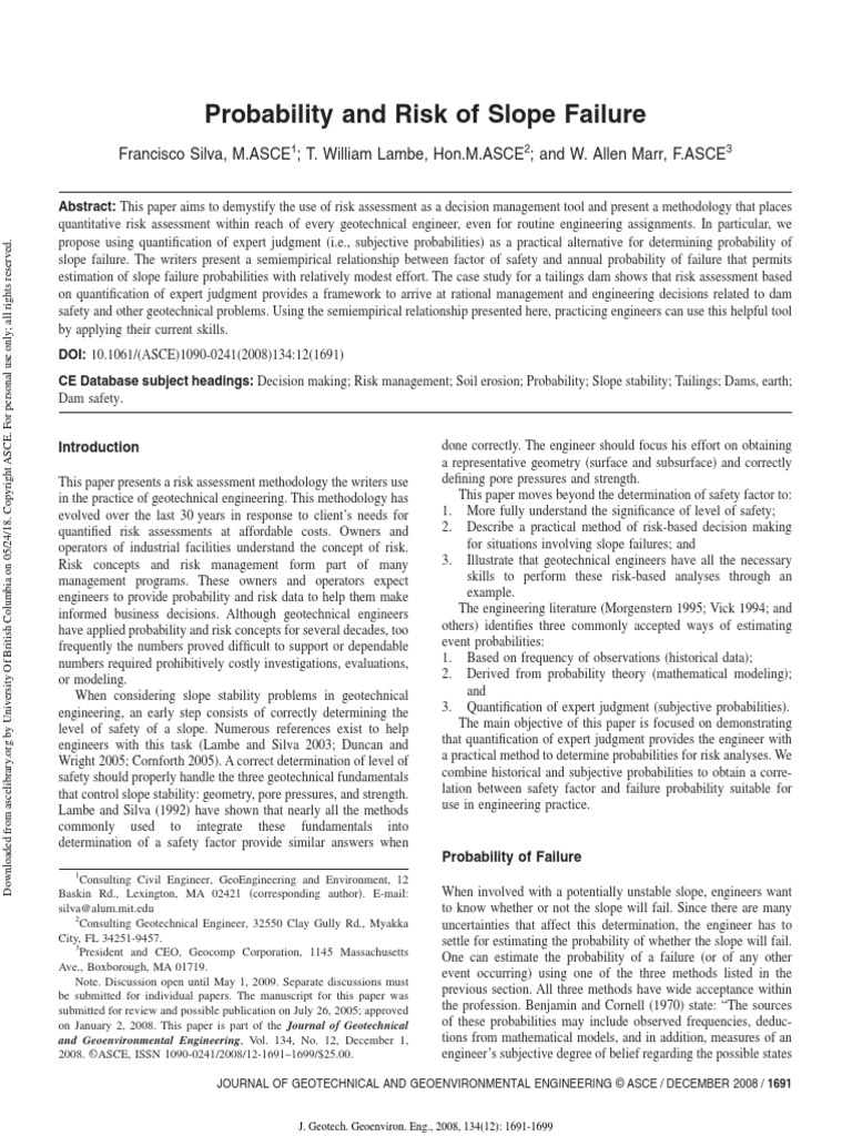 Silva Lambe and Marr (2008) - Probability and Risk of Slope Failure ...