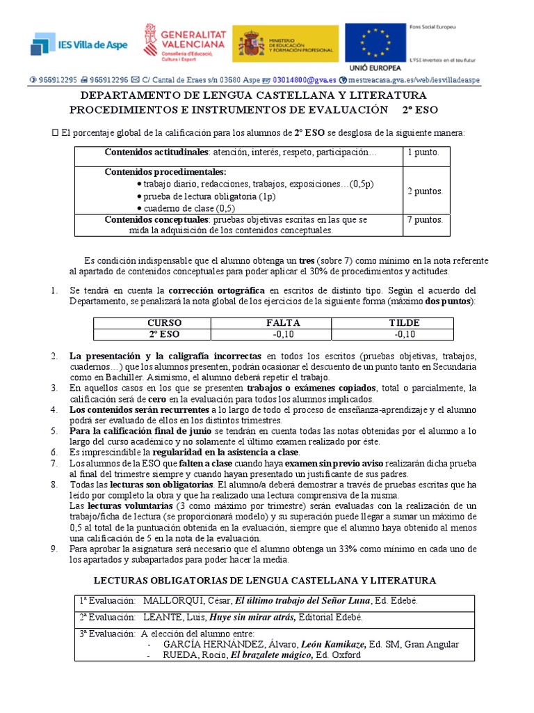 LENGUA CASTELLANA 2 ESO - Criterios calificación | PDF | Prueba (evaluación)