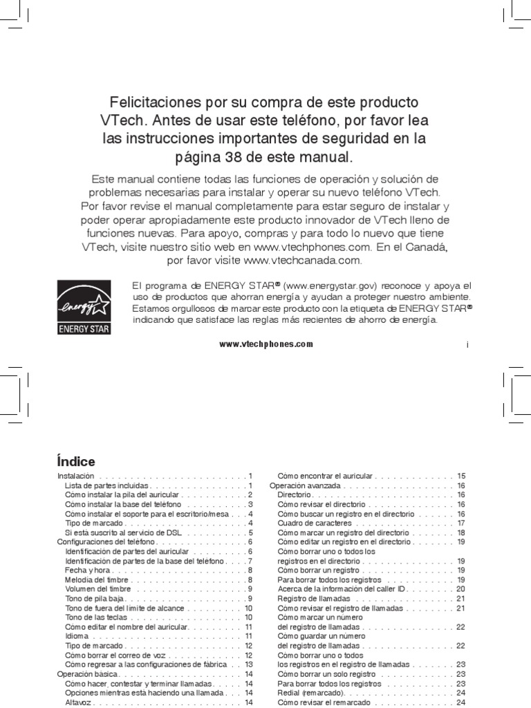 Vtech Cordless Phone 6032 Spanish User's Manual | PDF | Teléfono ...