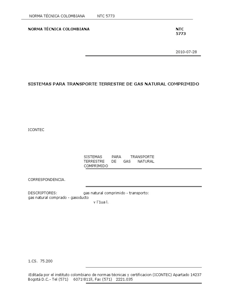 NTC 5773 2010 Soist Transp Teres GNC | PDF | Acero | Tubo vacío
