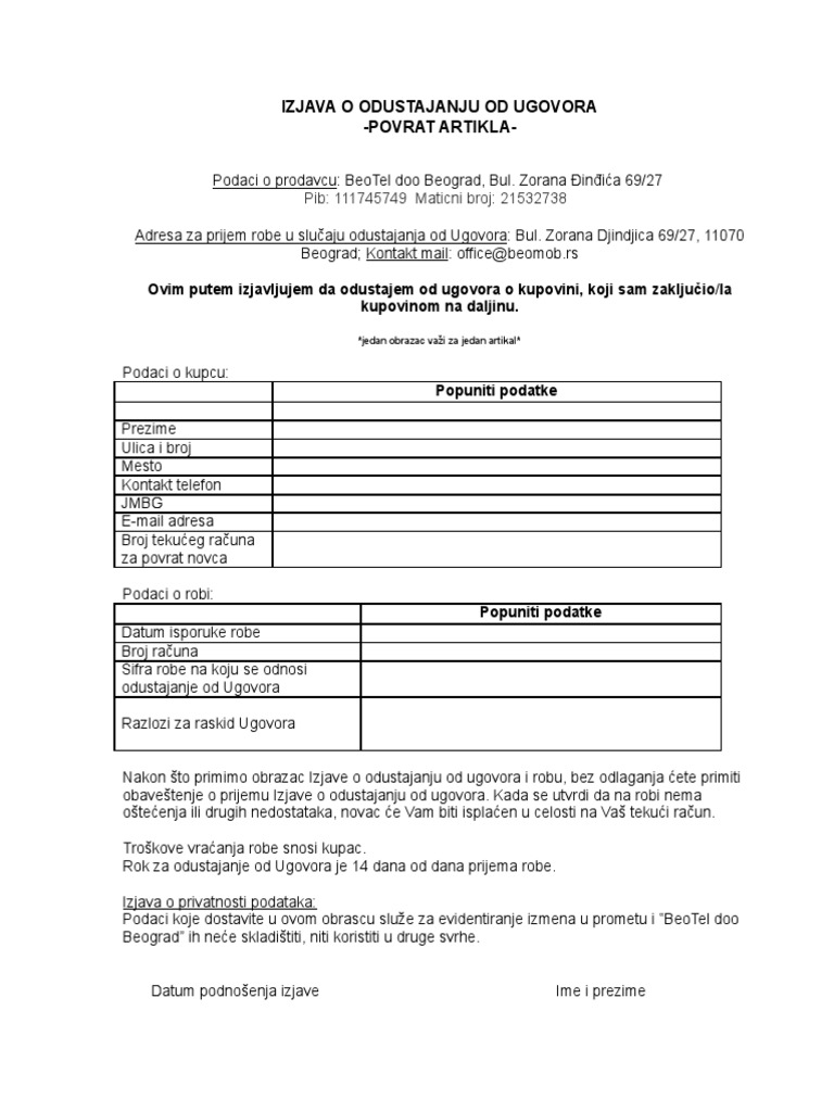 Izjava o Odustajanju Od Ugovora Beotel | PDF