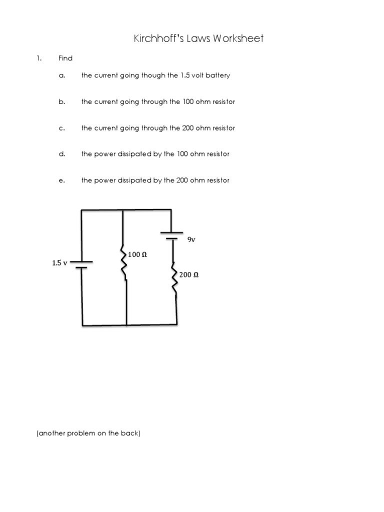 Kirchhoff's Laws Worksheet with Solutions | PDF