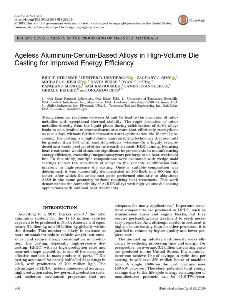 Ageless Aluminum-Cerium-Based Alloys in High-Volume Die Casting For ...