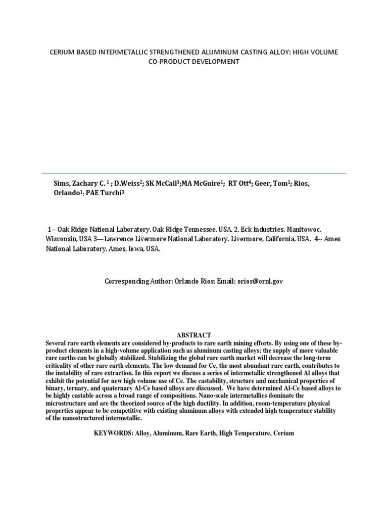 High-Performance Aluminum-Cerium Alloys | PDF | Casting (Metalworking ...