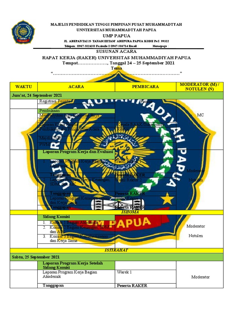 Rencana Susunan - Acara - Raker - UM PAPUA 2021lama | PDF