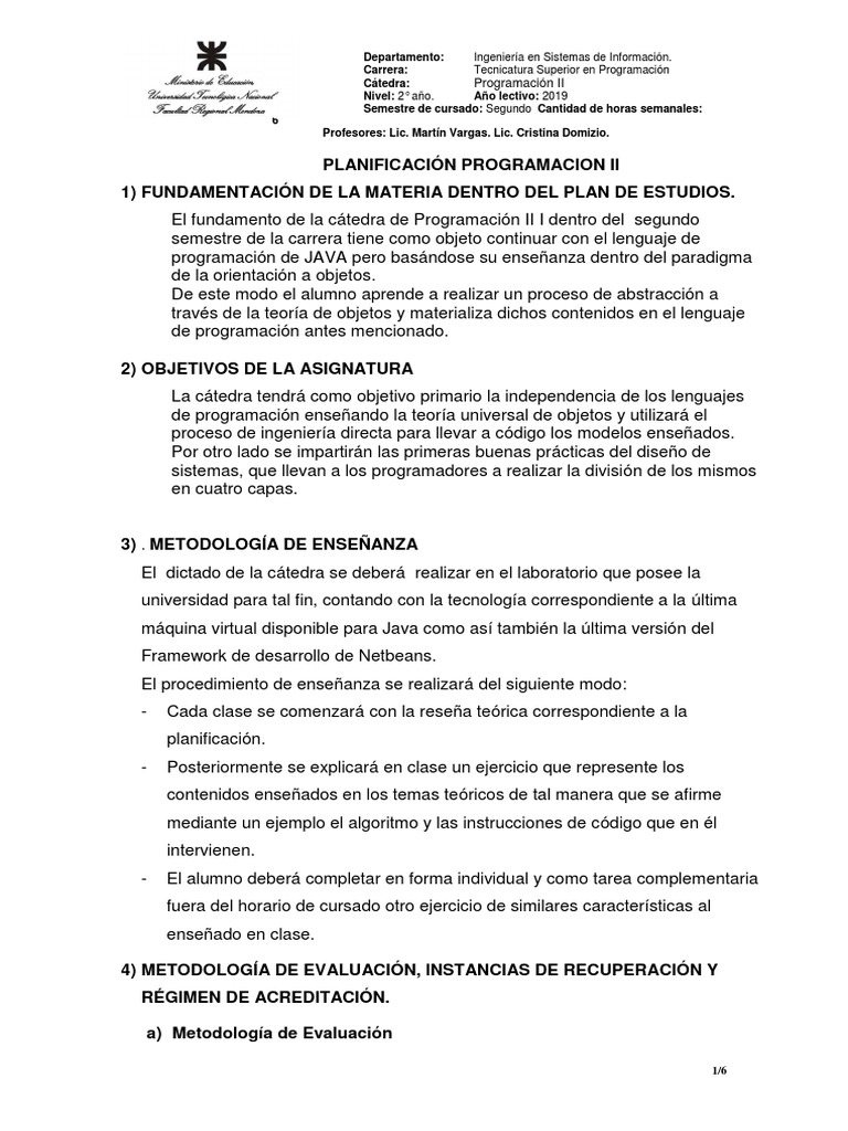 Programacion II - Planificación | PDF | Prueba (evaluación) | Programación de computadoras