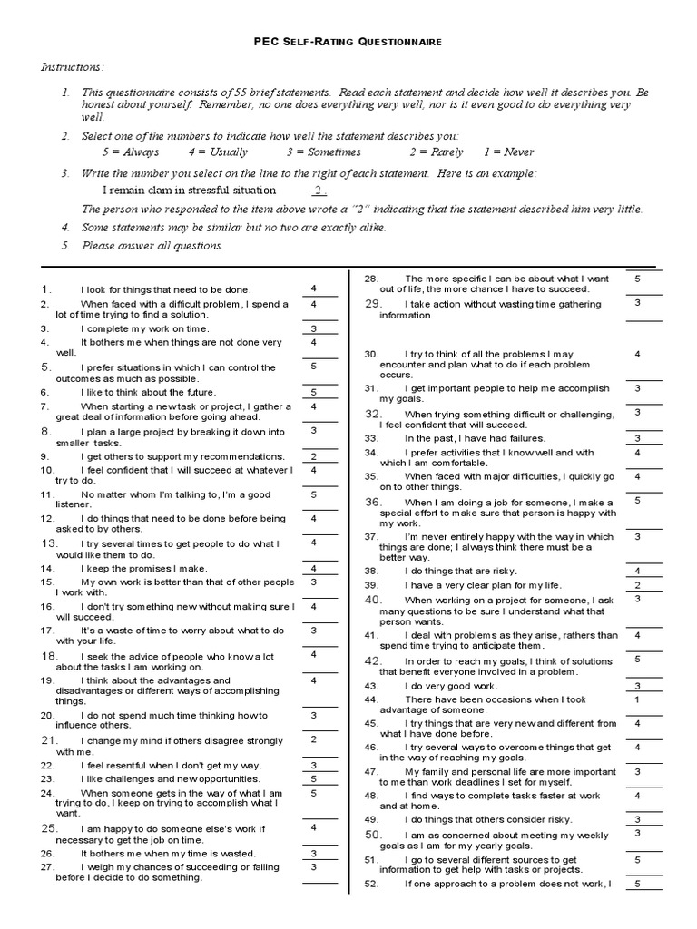 PEC Questionnaire and Score Sheet 1 | PDF | Questionnaire | Cognition
