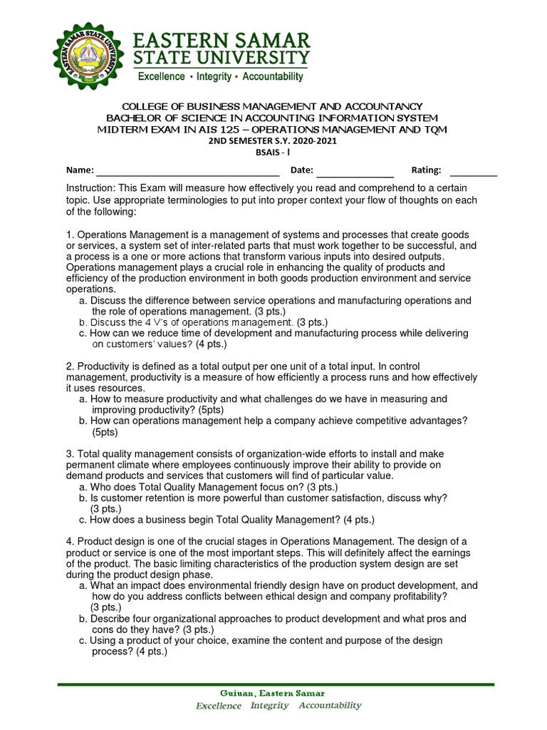 Midterm Exam Operations Management TQM | PDF | Operations Management | Business Process