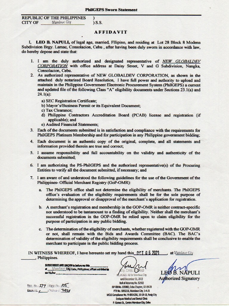 Sample AFFIDAVIT SWORN PHILGEPS | PDF