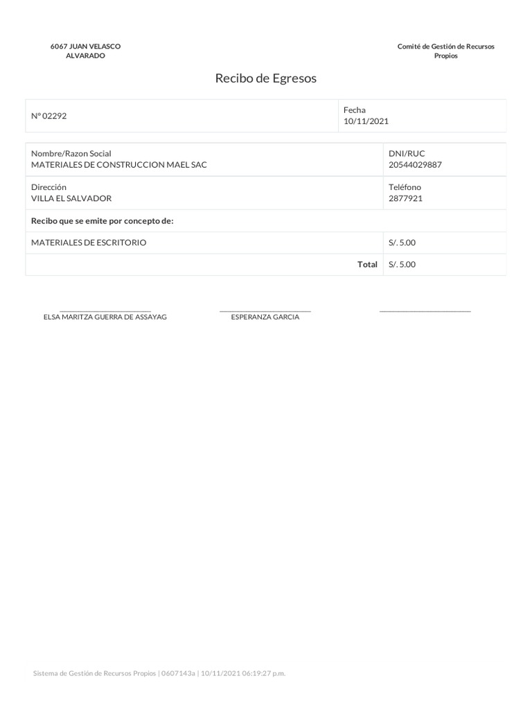 Recibo de Egresos: #02292 Fecha 10/11/2021 | PDF