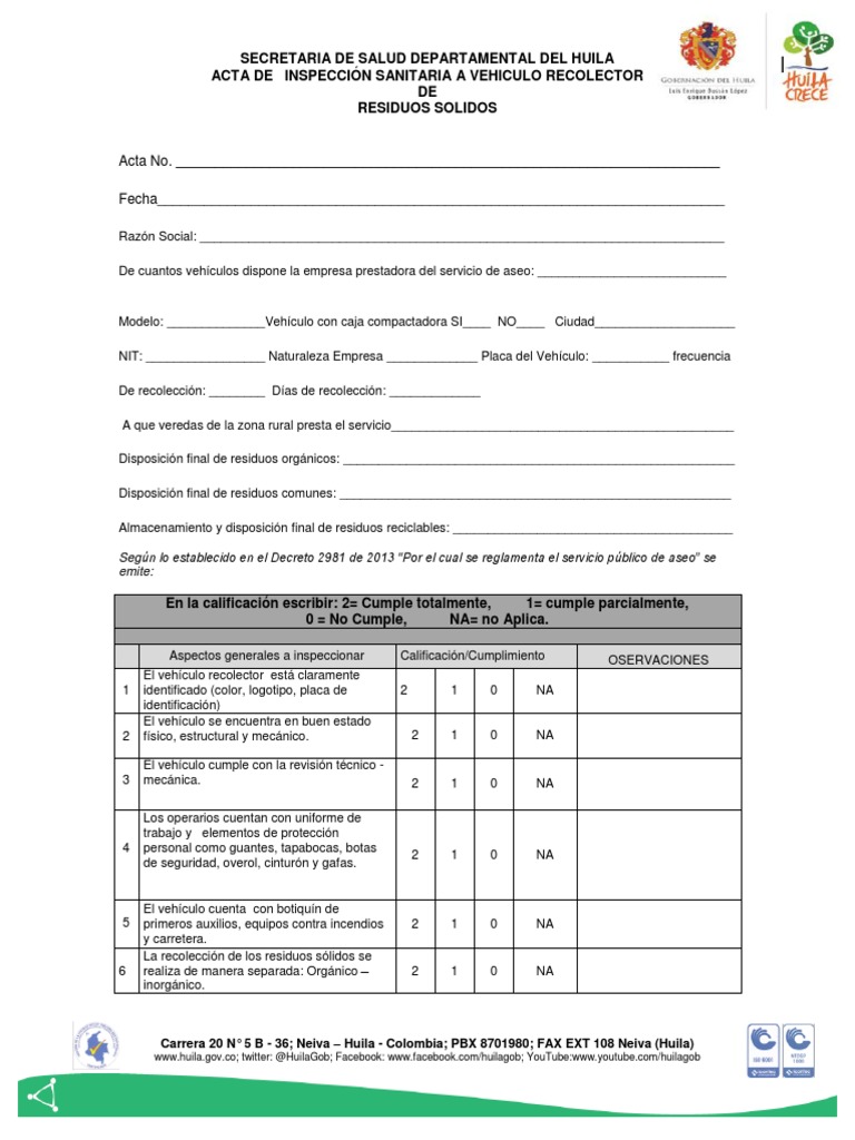 Acta Vehiculo Recolector Residuos Solidos Mpal | PDF