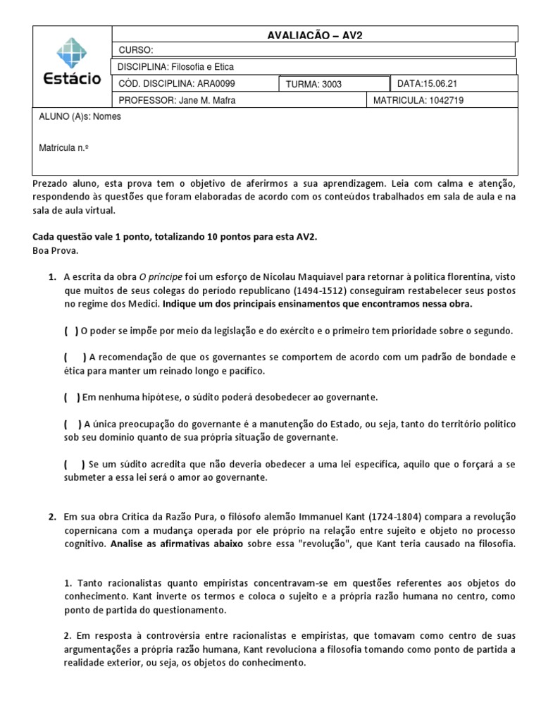 Prova de Filosofia e Ética - AV2 | PDF | Estado | Immanuel Kant