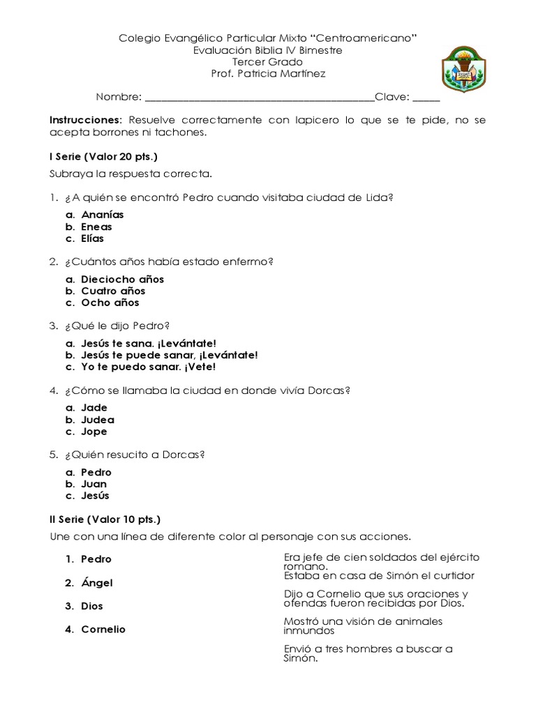 Evaluación de Biblia y Matemáticas 3° Grado | PDF | San Pedro | Biblia