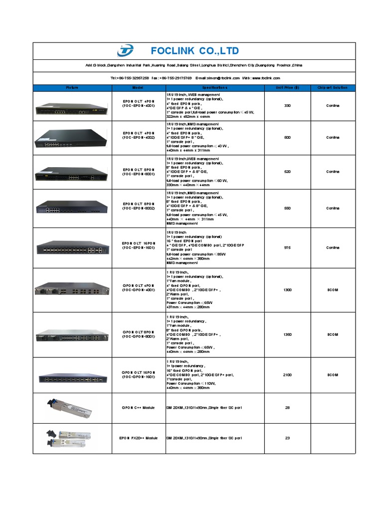 Foc Epon And Gpon Olt Quotation Sheet Pdf Telecommunications Computer Networking
