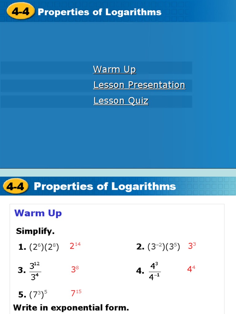 Properties of Logarithms: Warm Up Lesson Presentation Lesson Quiz | PDF ...