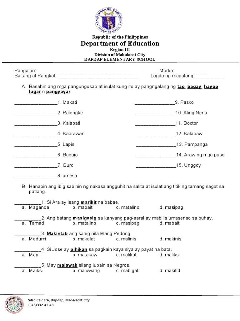 1st Summative Test in Filipino | PDF