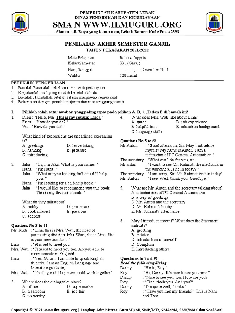 PTS I Bhs Inggris X | PDF