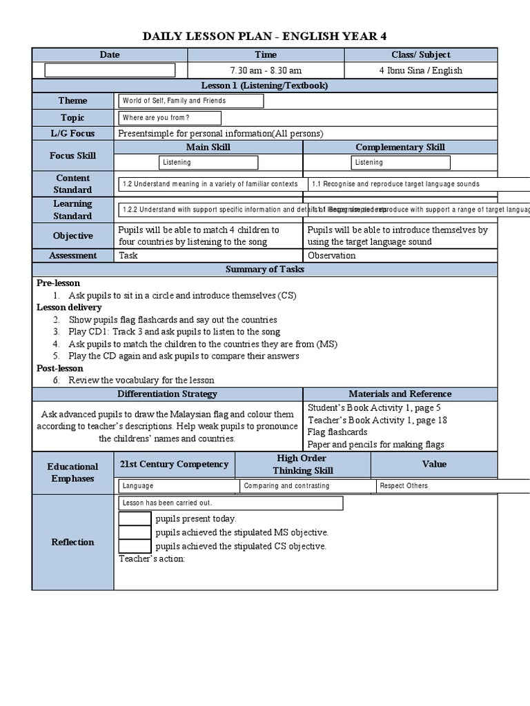 Daily Lesson Plan - English Year 4 | PDF | Lesson Plan | Education Theory
